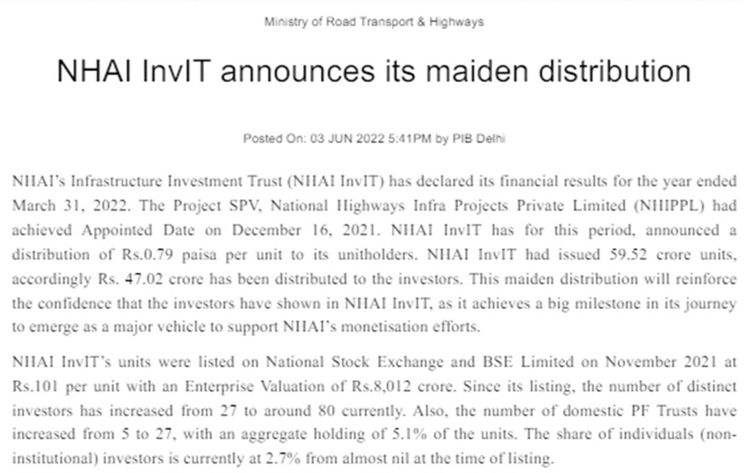 Press Releases - National Highways Infra Trust