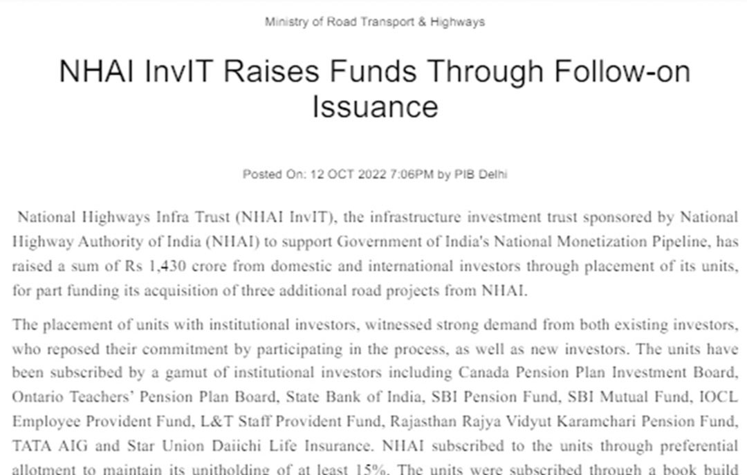 Press Releases - National Highways Infra Trust